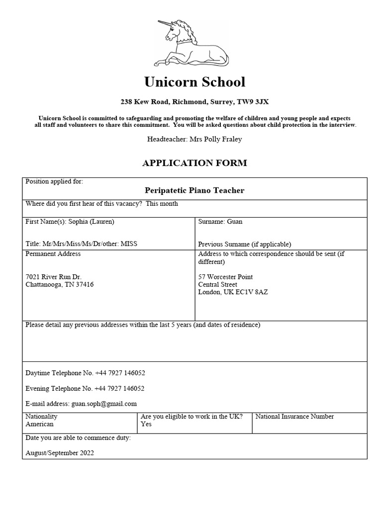 Unicorn School Application Form | PDF | Career & Growth | Social Science