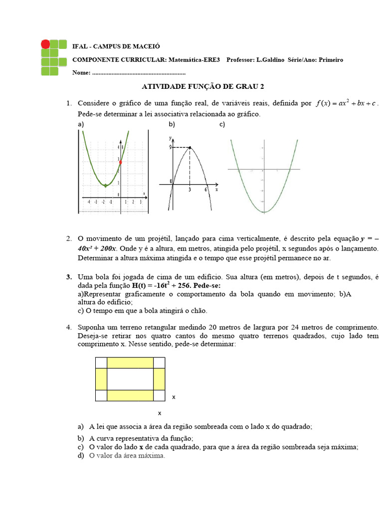 Exercícios sobre Função Quadrática | PDF | Função (Matemática)