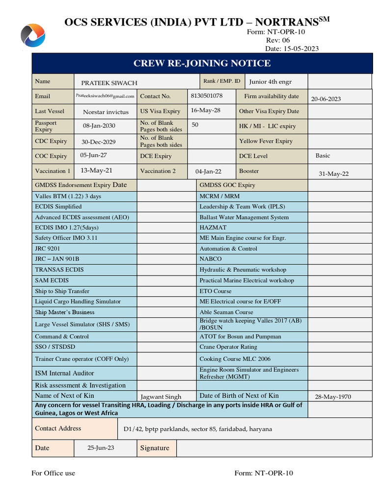 Crew Re-Joining Checklist | PDF | Shipping | Transport