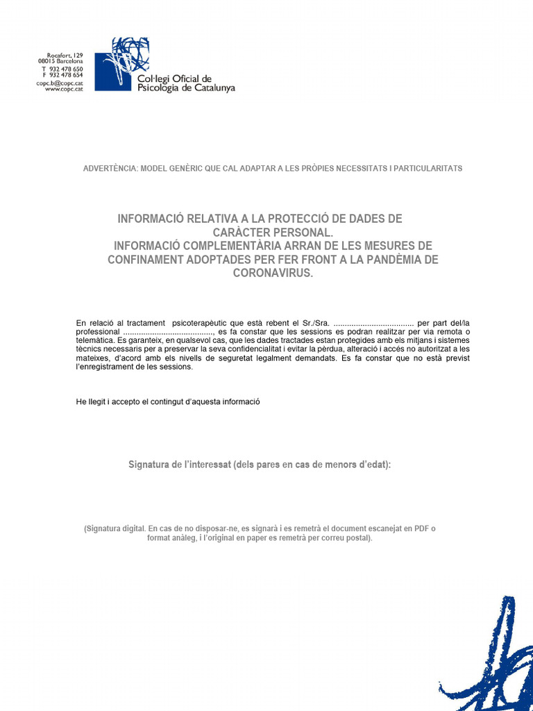 Model de Consentiment en Protecció de Dades Ampliat A L'atenció On Line ...