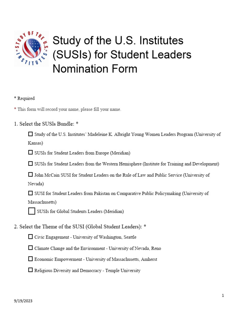 2024 SUSI Student Leaders Nomination Form 2 | Download Free PDF ...