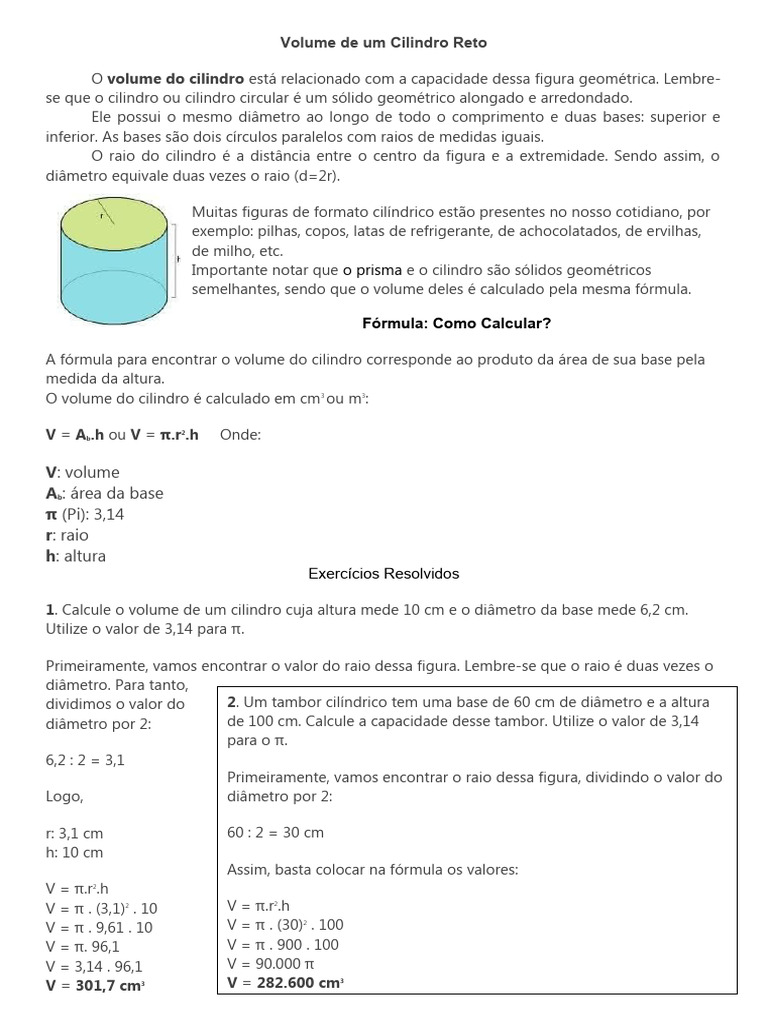 Cálculo do Volume do Cilindro | PDF | Métodos e Materiais de Ensino