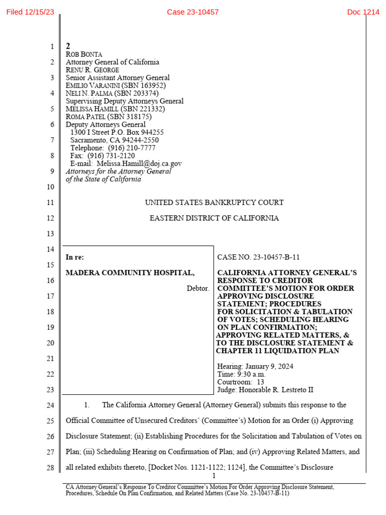 California Attorney General Response To Creditor Committee Motion | PDF | Chapter 11 | Business Law