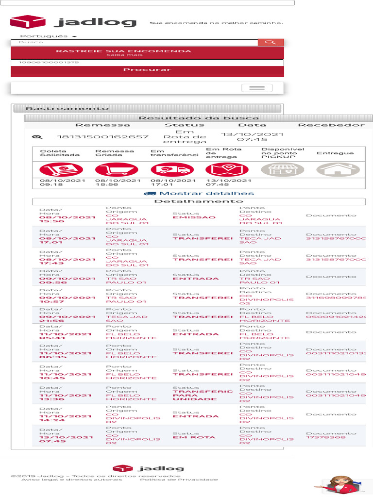 Rastreamento de Encomenda Jadlog | PDF