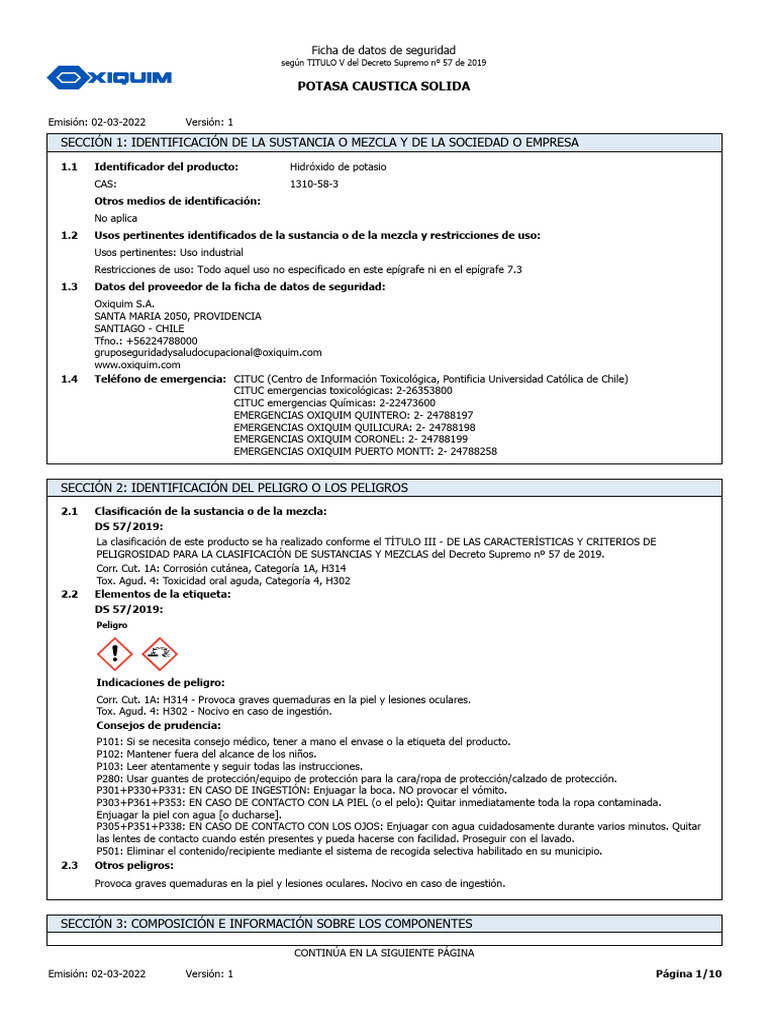 Potasa Caustica Solida | PDF | Seguridad y salud ocupacional | Química