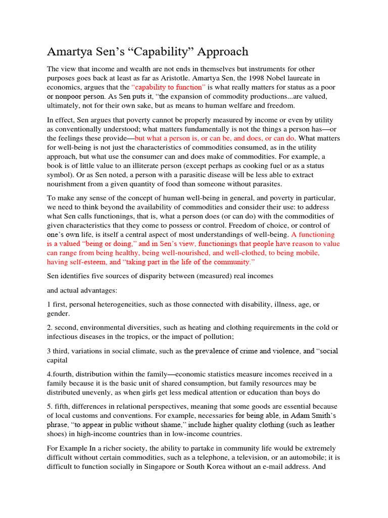 Amartya Sen's "Capability" Approach | PDF | Wellness