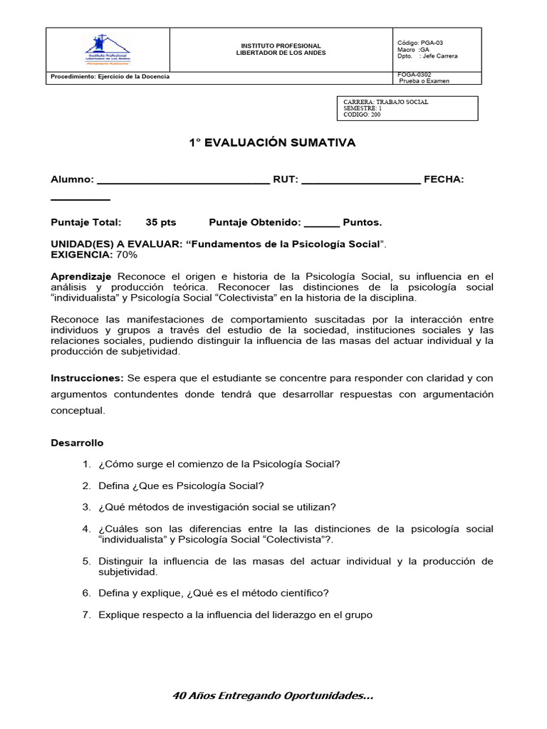 Prueba Sumativa 1 | PDF | Sicología | Psicología Social