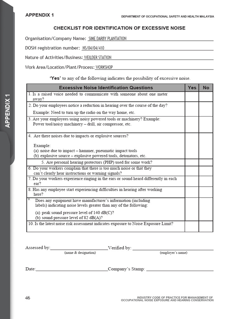Appendix 1 Checklist For Identification of Excessive Noise: Department of Occupational Safety ...