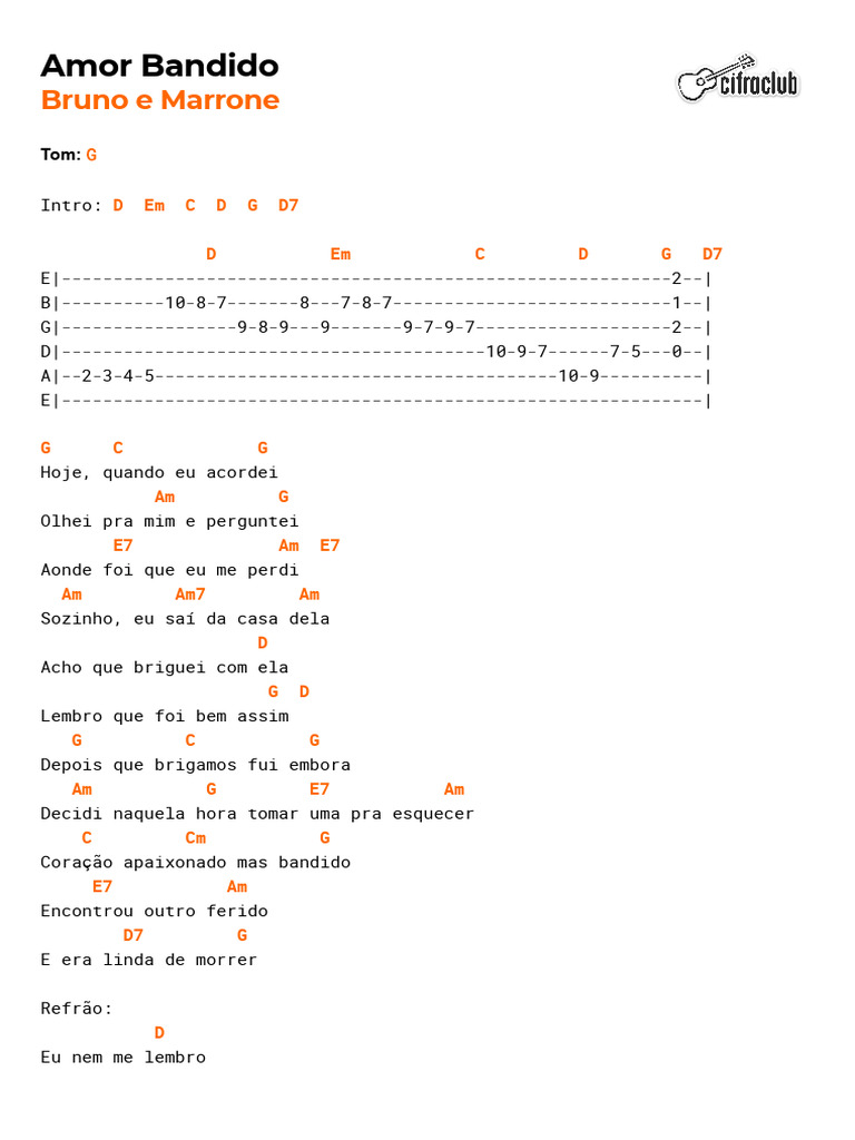 Cifra de "Amor Bandido" - Bruno e Marrone | PDF