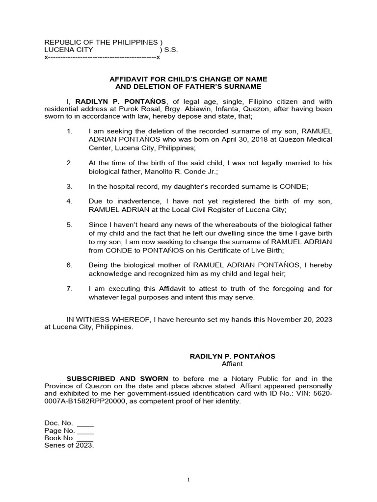 Affidavit To Remove Father's Surname | PDF