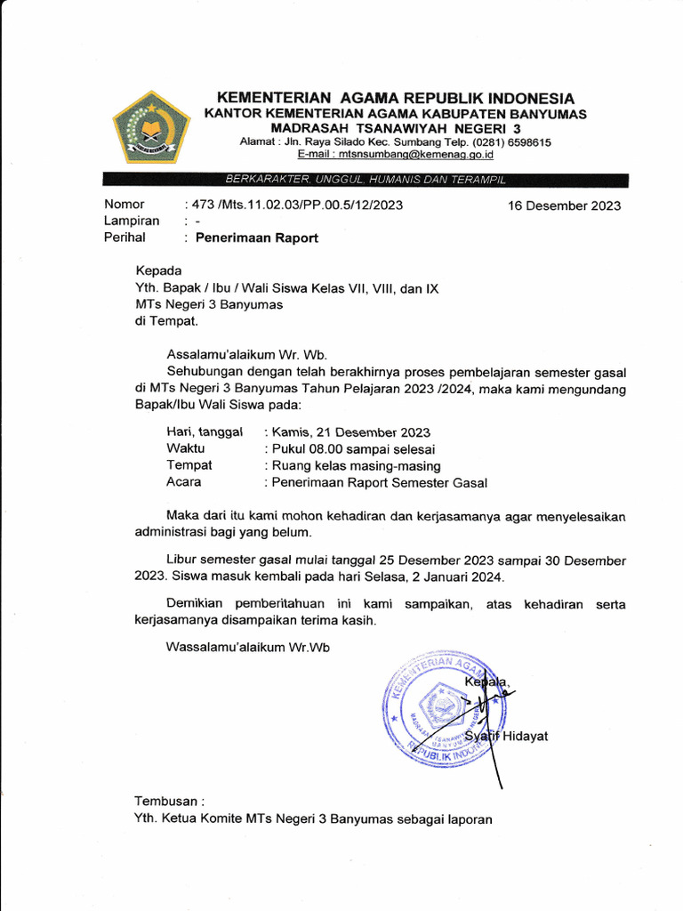 Surat Penerimaan Raport | PDF