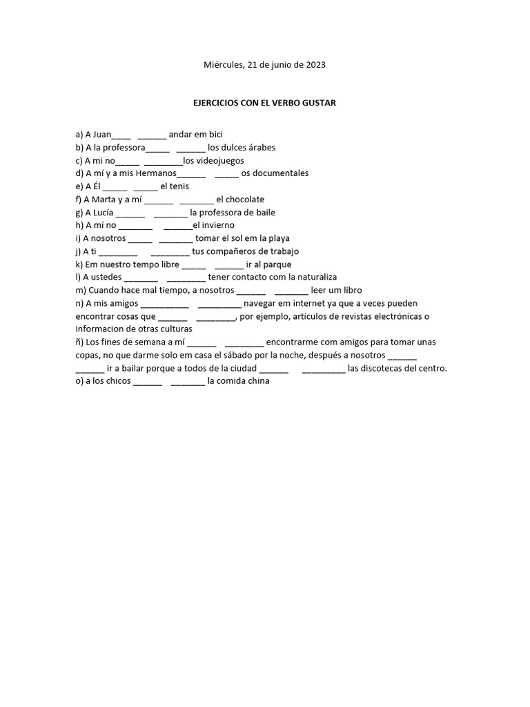 Ejercicios Prácticos del Verbo Gustar | PDF | Juegos y actividades