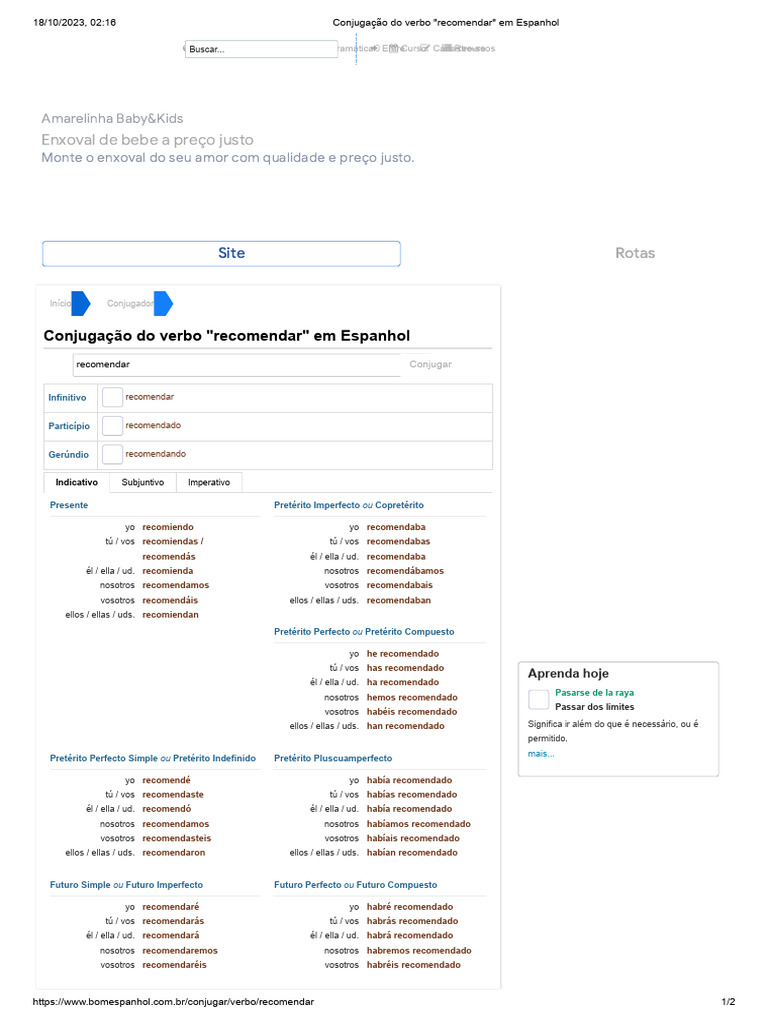 Conjugação Do Verbo - Recomendar - em Espanhol | PDF | Gramática ...
