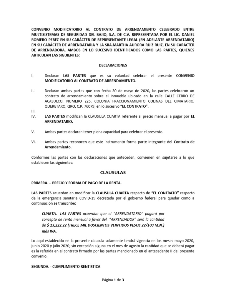 Convenio Modificatorio Contrato Arrendamiento | PDF | Derecho privado ...