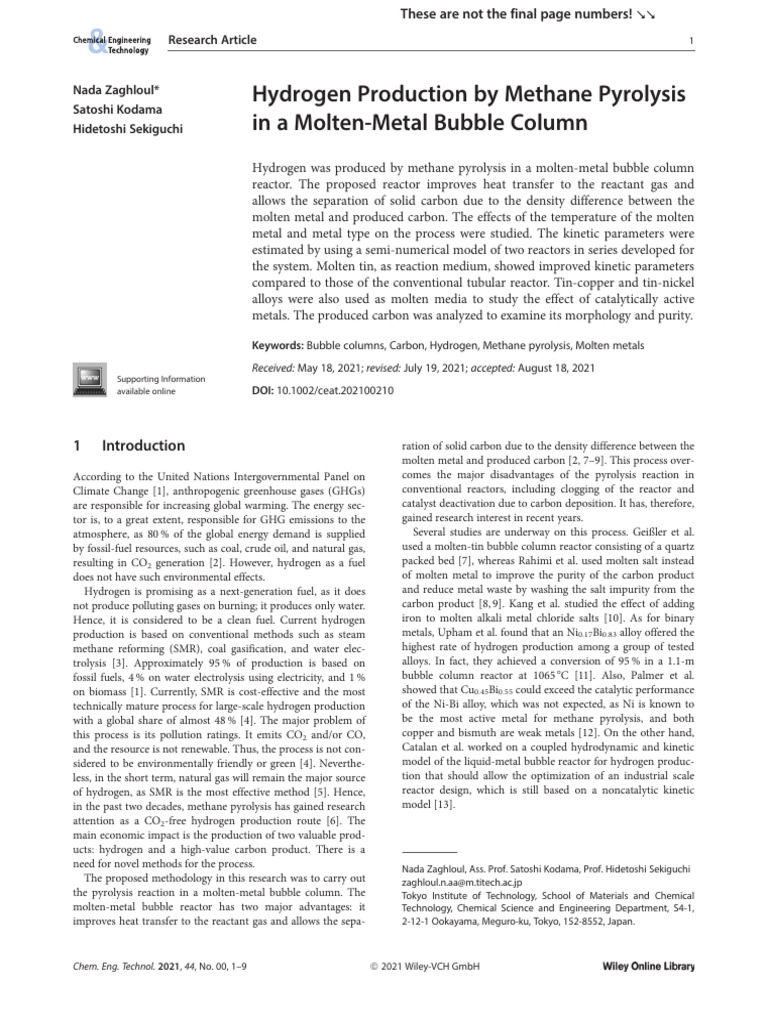 Hydrogen Production by Methane Pyrolysis | PDF