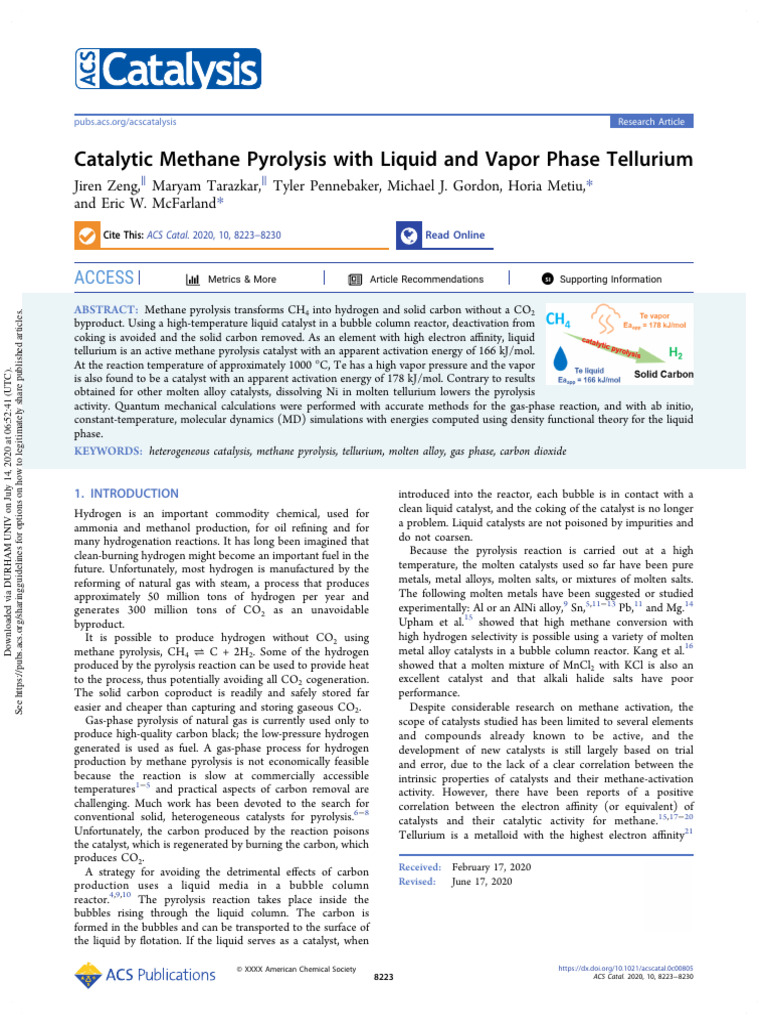 Catalytic Methane Pyrolysis With Liquid and Vapor Phase Tellurium | PDF ...