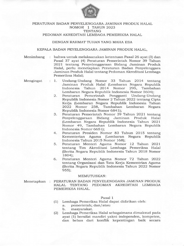 Perkaban BPJPH 1 Tahun 2023 Pedoman Akreditasi LPH | PDF