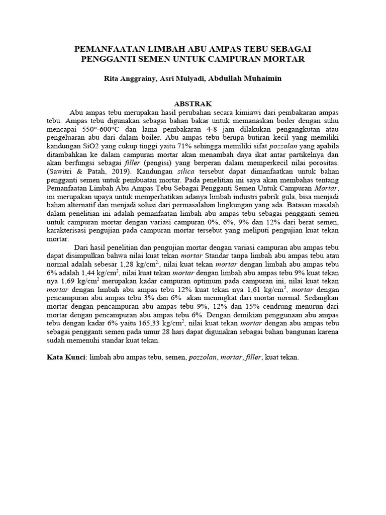 Pemanfaatan Limbah Abu Ampas Tebu Sebagai | PDF Pemanfaatan Limbah Abu Ampas Tebu Sebagai | PDF