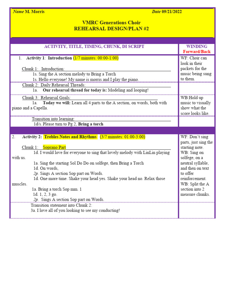 VMRC Choir Rehearsal Plan #2 | PDF | Performing Arts | Elements Of Music