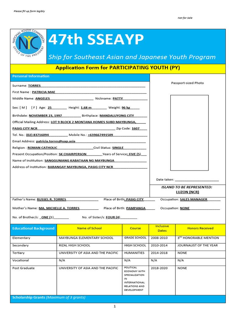 47th SSEAYP Application Form - Participating Youth 2023 | PDF