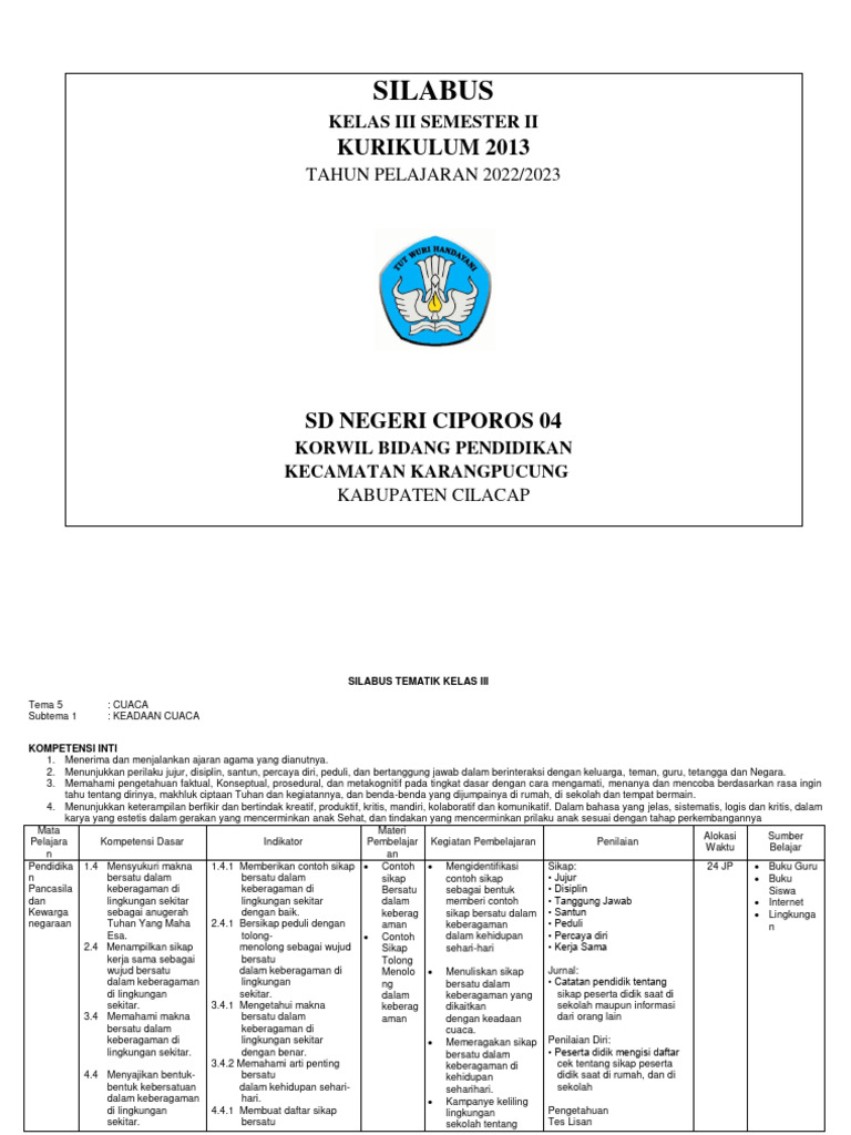 Silabus Kelas Iii K.13 SMT 2 2022 2023 | PDF