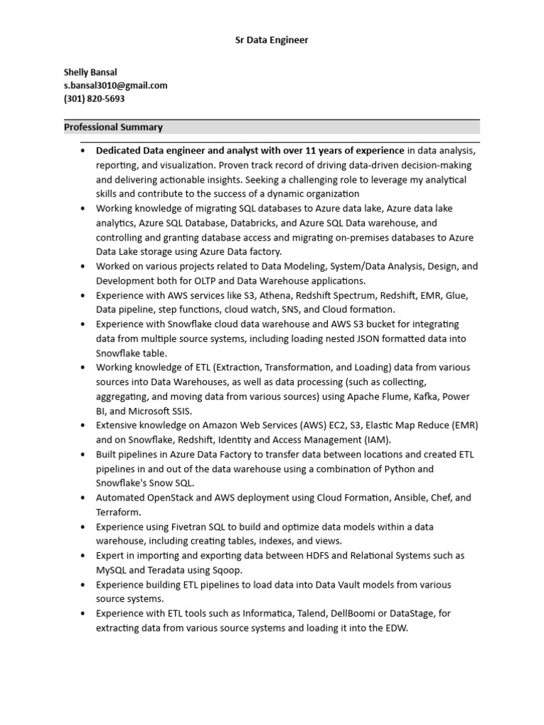 Shelly Bansal - SR Data Engineer | PDF | Apache Spark | Data Warehouse