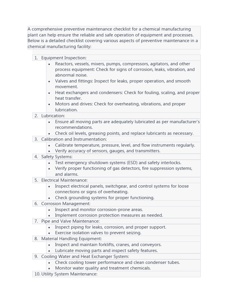U4 - A Comprehensive Preventive Maintenance Checklist For A Chemical Manufacturing Plant Can ...