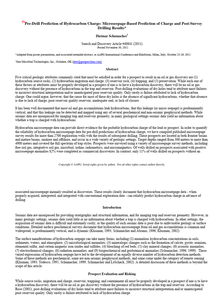 2011 - Pre-Drill Prediction of Hydrocarbon Charge Microseepage-Based Prediction of Charge and ...