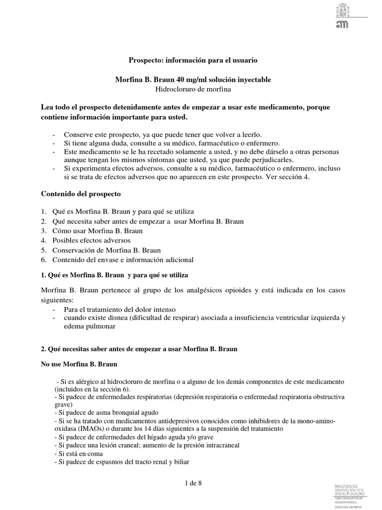 Uso y Precauciones de Morfina B. Braun | PDF | Despachador de drogas ...