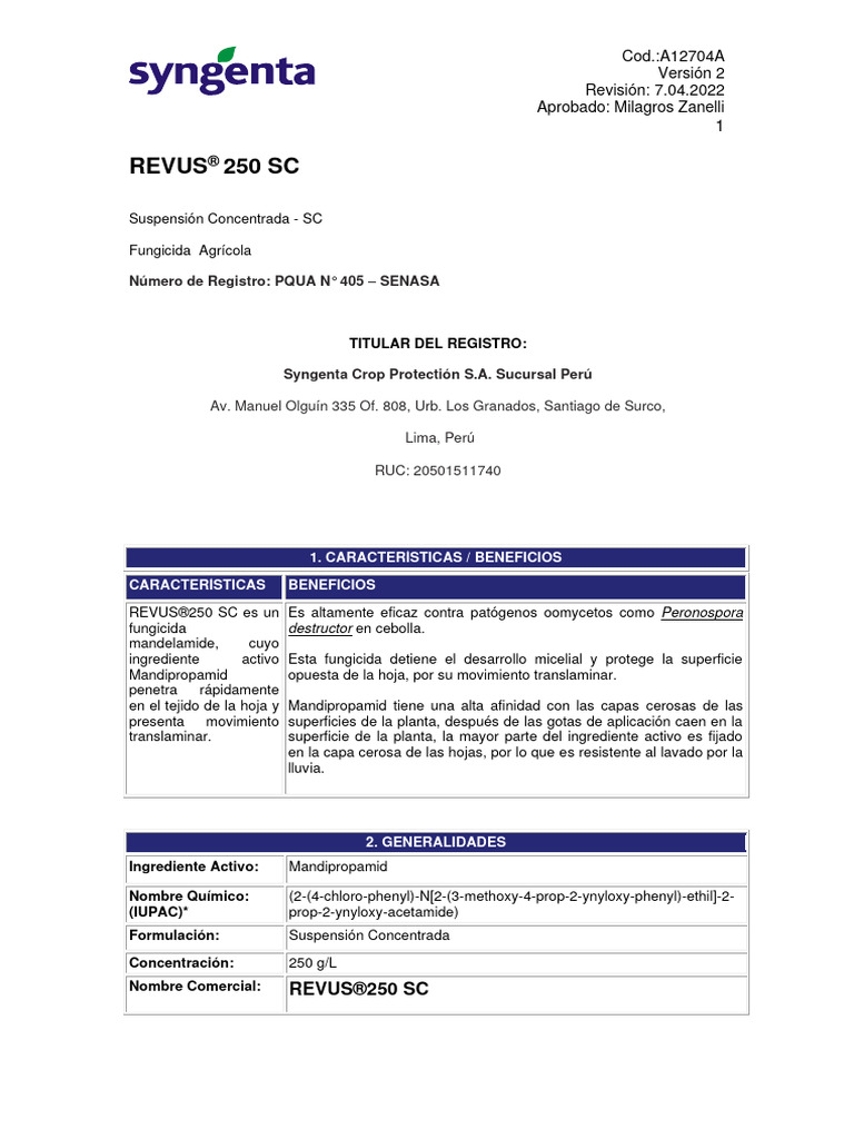 FICHA-TECNICA-REVUS-250-SC | PDF | Agua | Residuos