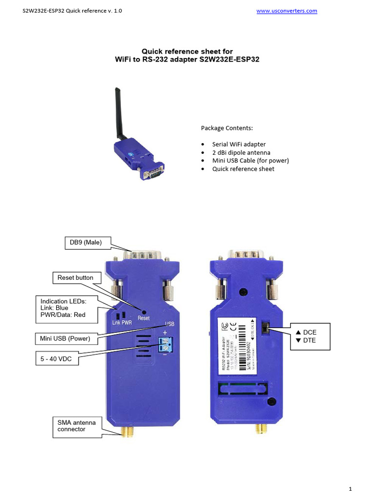 WiFi RS232 Adapter Quick Reference S2W232E ESP32 | PDF | Ieee 802.11 ...