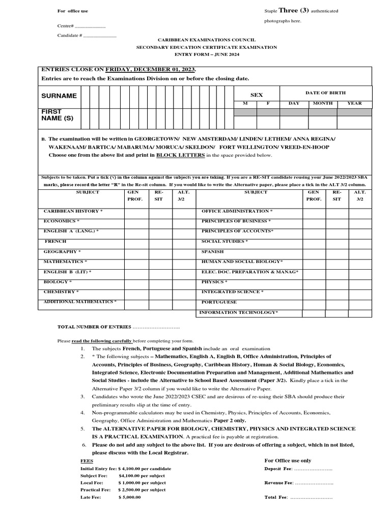 Csec June Entry Form 2024 | PDF