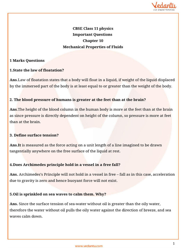 CBSE Class 11 Physics Chapter 10 - Mechanical Properties of Fluids Important Questions 2022-23 ...