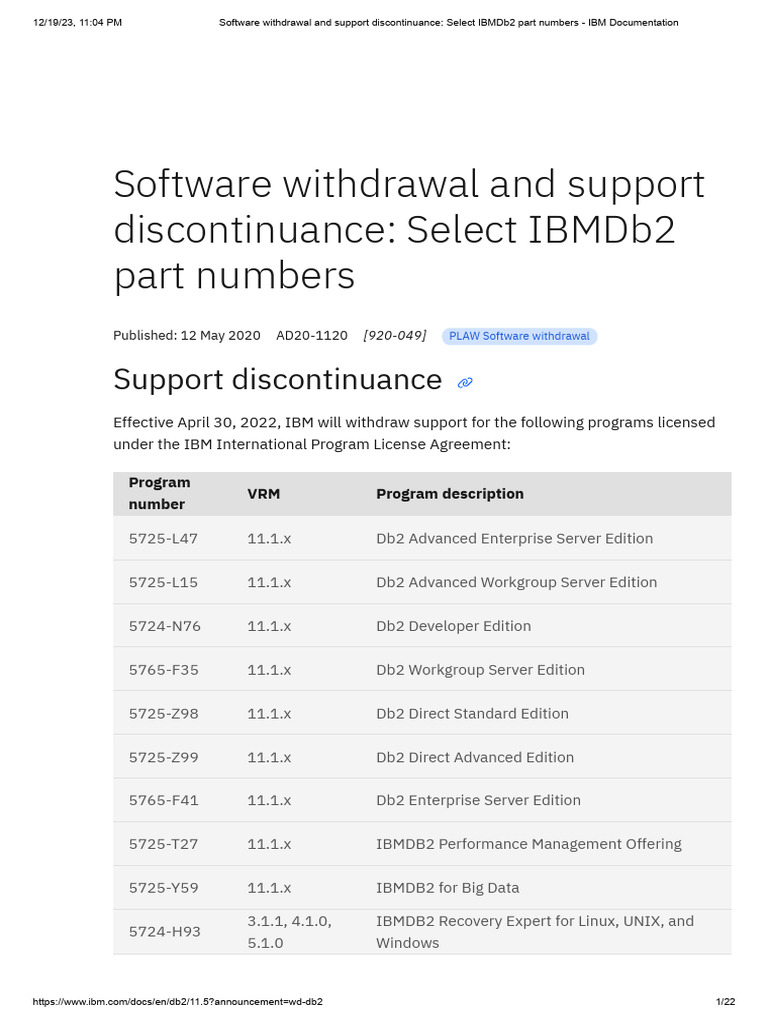 Software Withdrawal and Support Discontinuance - Select IBMDb2 Part Numbers - IBM Documentation ...
