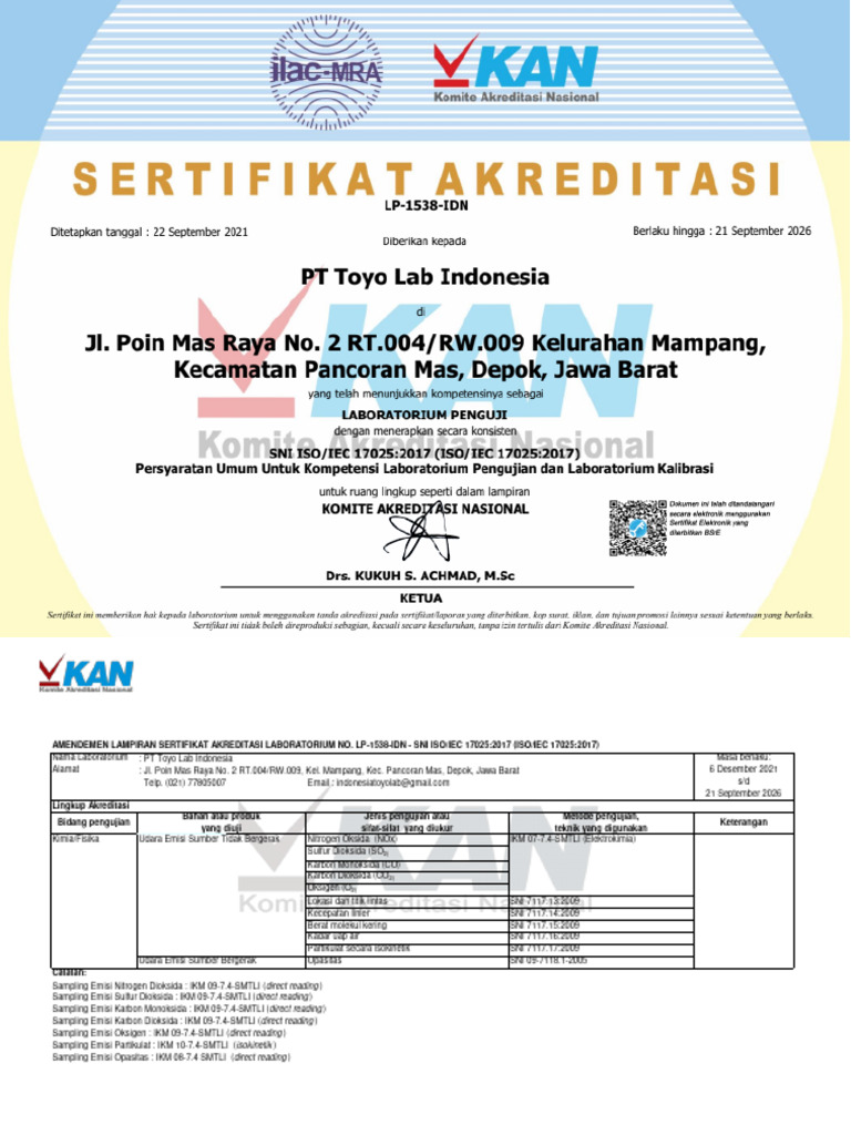Sertifikat KAN Dan Ruang Lingkup Toyo Lab | PDF | Teknologi & Rekayasa