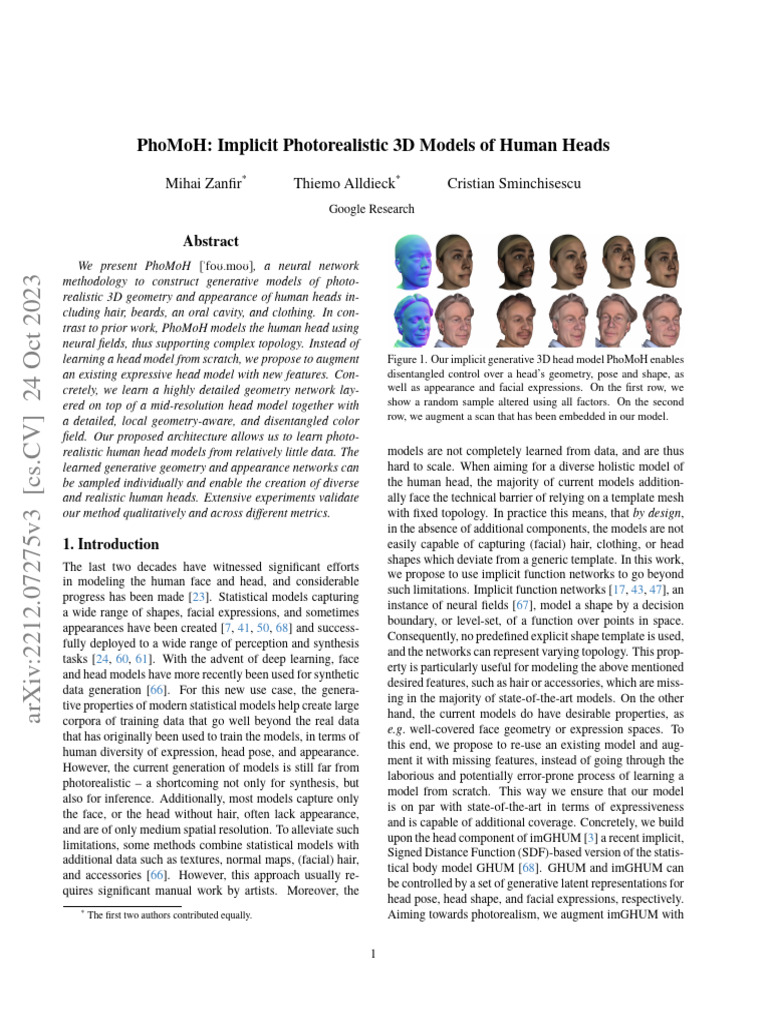 Phomoh: Implicit Photorealistic 3D Models of Human Heads: Mihai Zanfir Thiemo Alldieck Cristian ...
