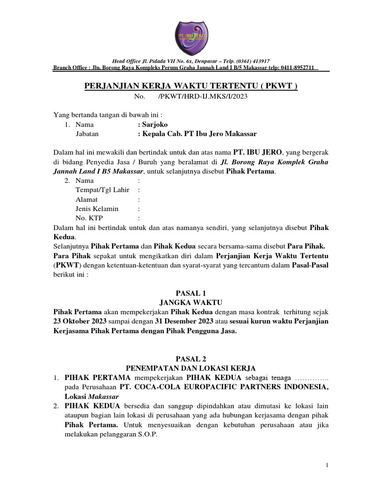 Draft PKWT BPO CCAI 2023 Frontliner | PDF