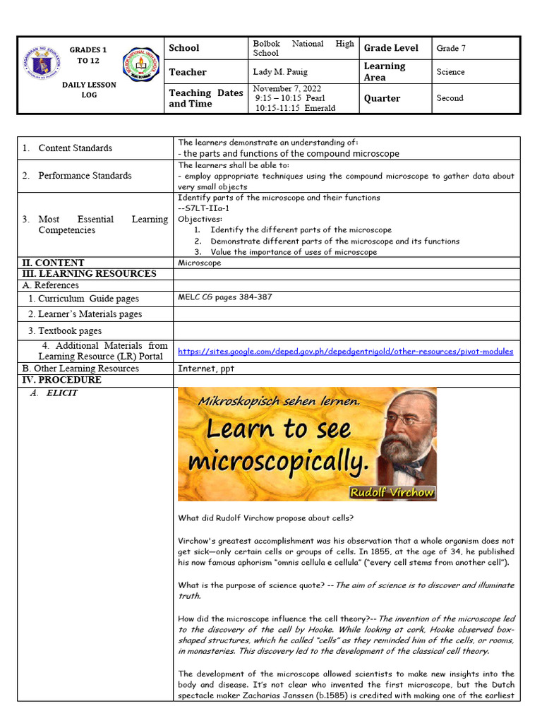 DLL Week 1 G7 Science 22-23 Q2 | PDF | Microscope | Optics