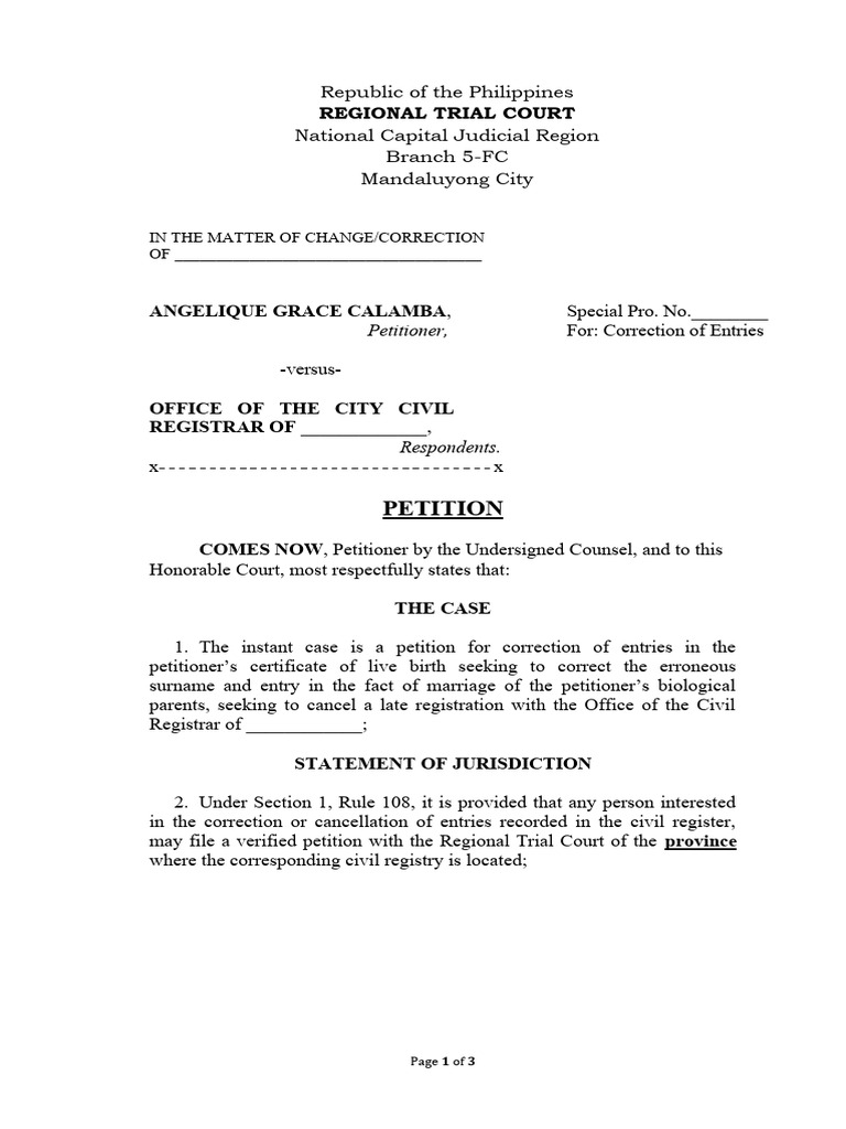 Petition-for-correction-of-entry-TEMPLATE 2 | PDF | Separation Of ...