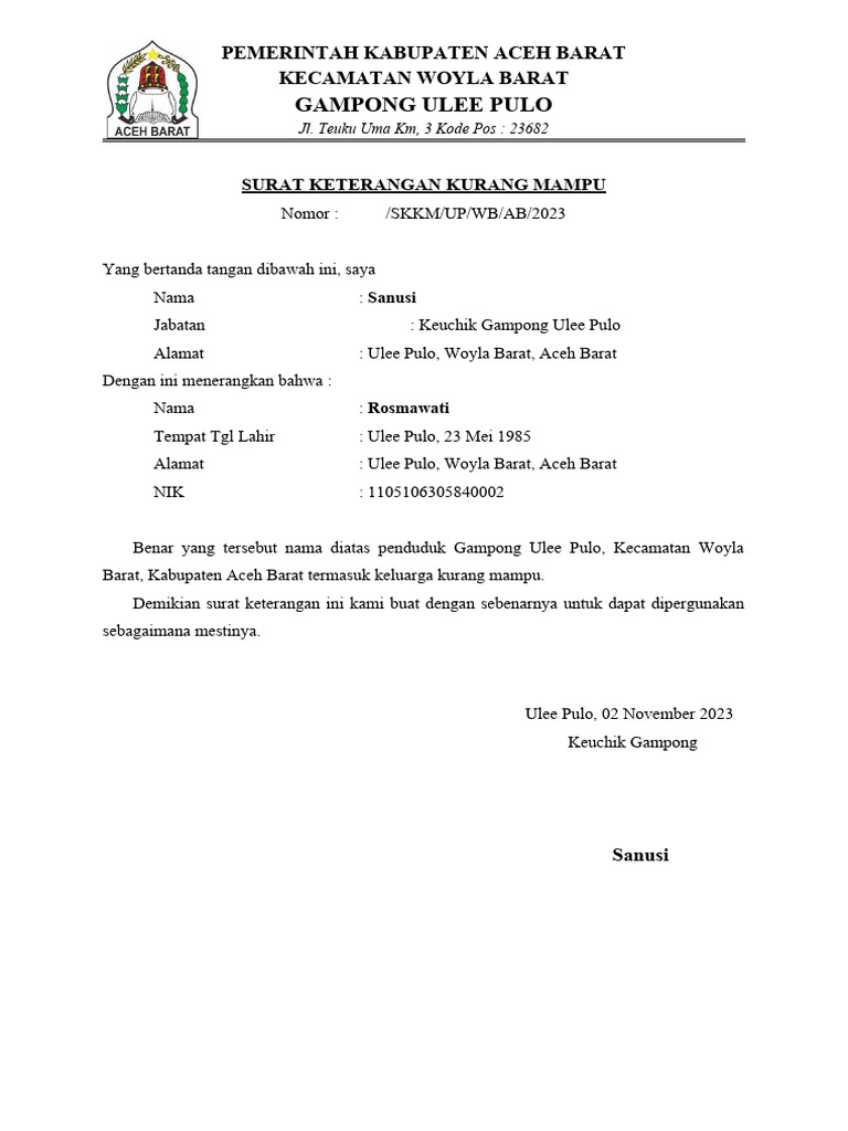 Contoh Surat Keterangan Tidak Mampu Pdf