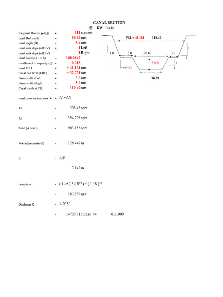 Canal Section Discharge Calculations | PDF