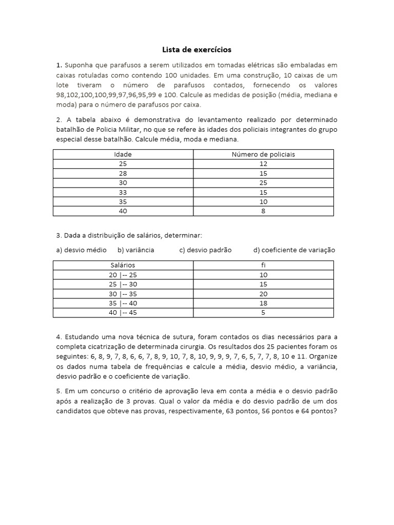 Lista de Exerc Cios Medidas de Posi o e Dispers o | PDF
