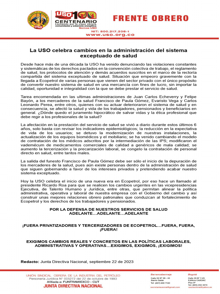 Frentre Obrero La USO Celebra Cambios en La Administración Del Sistema ...