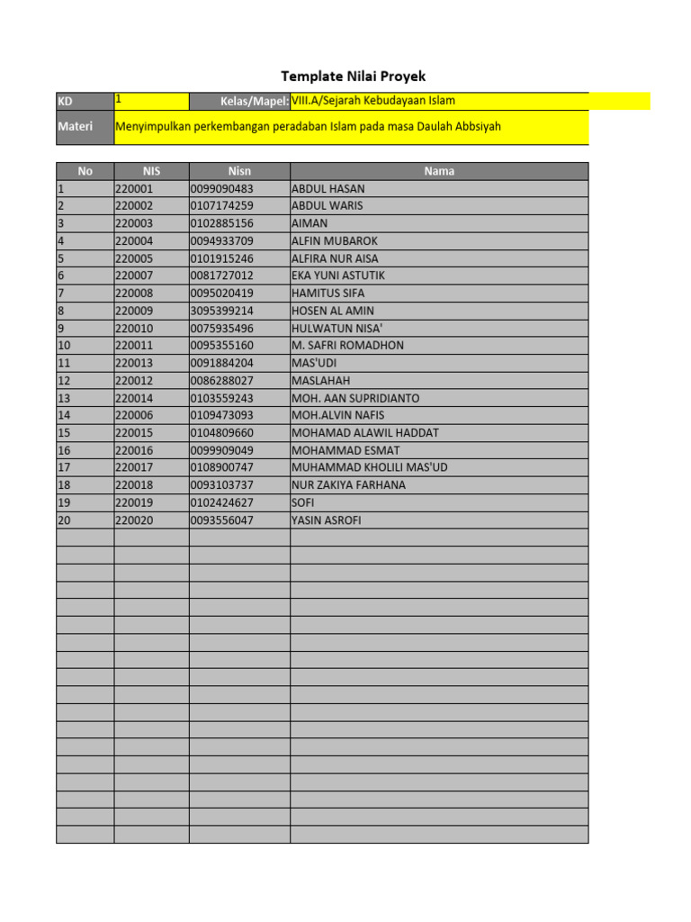Template Nilai Proyek Sejarah Islam VIII | PDF