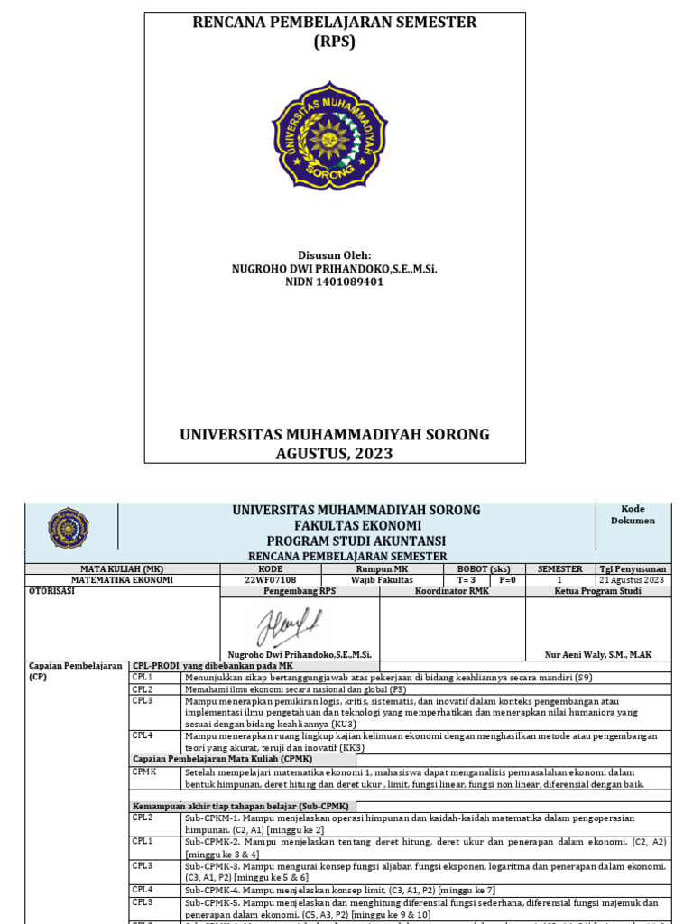 Rps Matematika Ekonomi Angkatan 2 | PDF