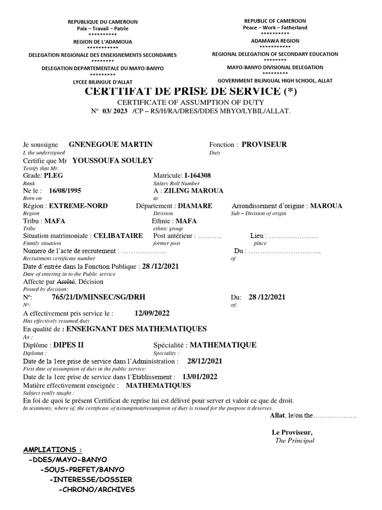 Certificat de Prise de Servive Youssoufa | PDF