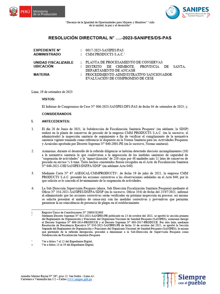 Proyecto de Resolucion Directoral Compromiso de Cese-Sanipes-Ds-Pas | PDF | Análisis de Riesgo y ...