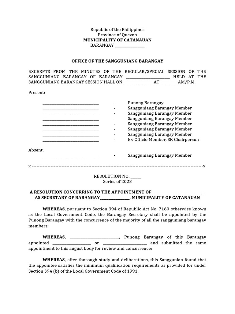 Resolution On The Appointment of Barangay Secretary | PDF