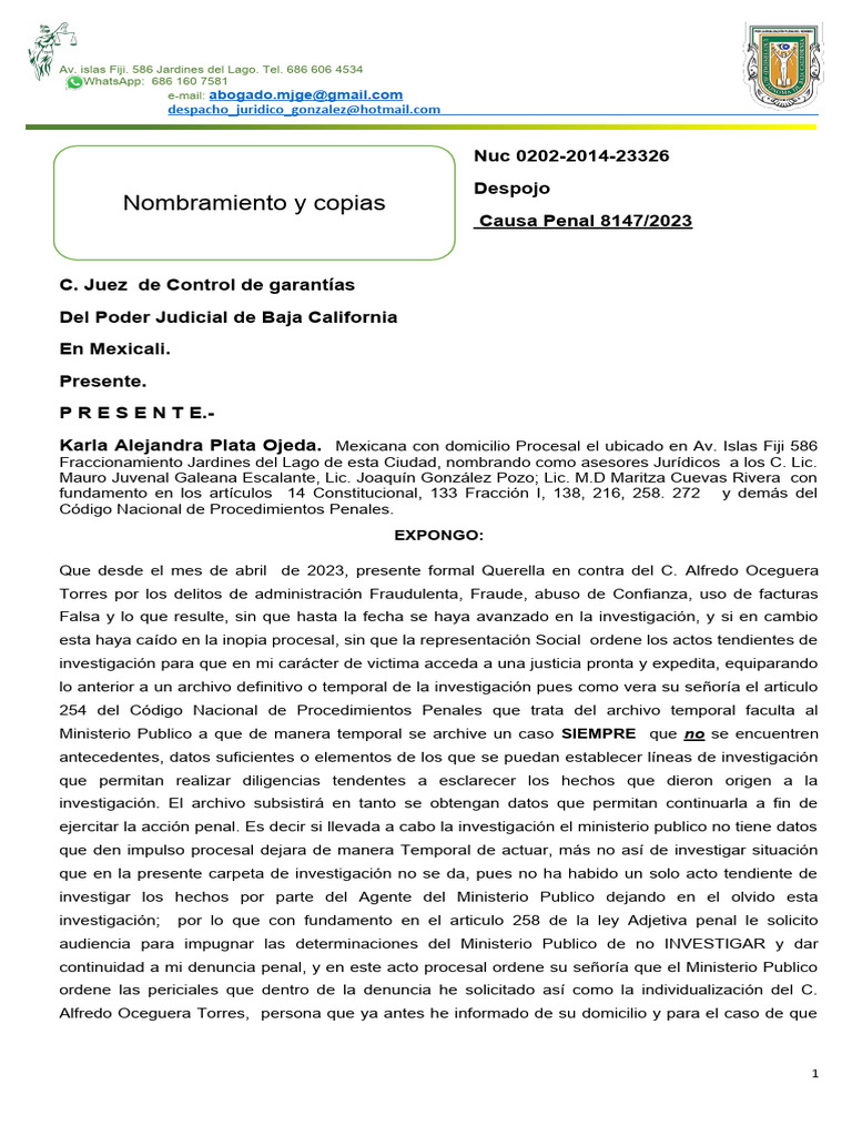 Solicitud de Audiencia para Actos de Investigacion .Kevin Alexander ...