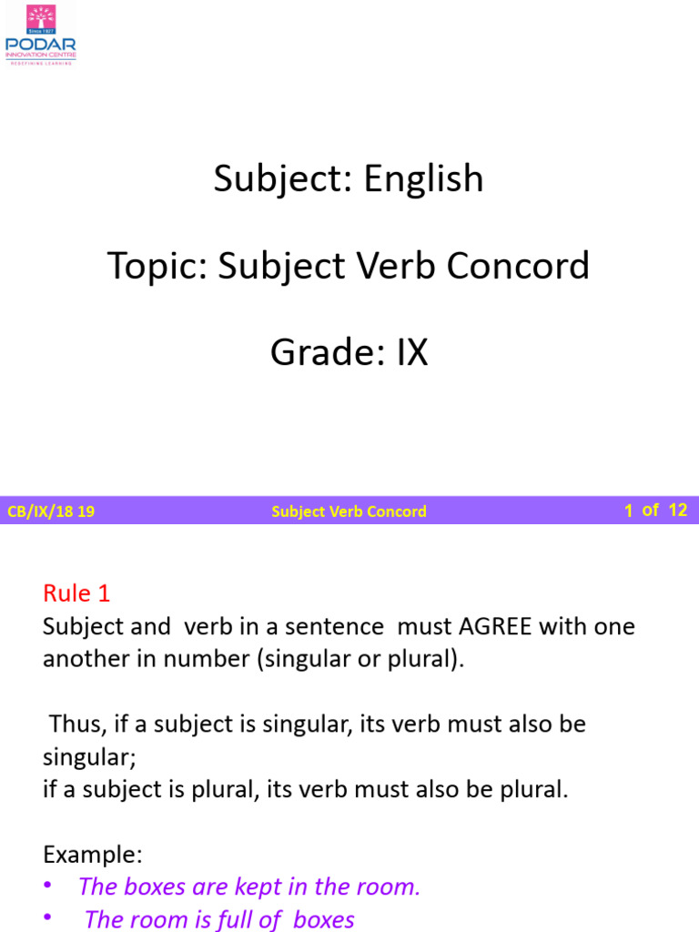 CB - IX - Eng - Subject Verb Concord | PDF | Grammatical Number | Plural